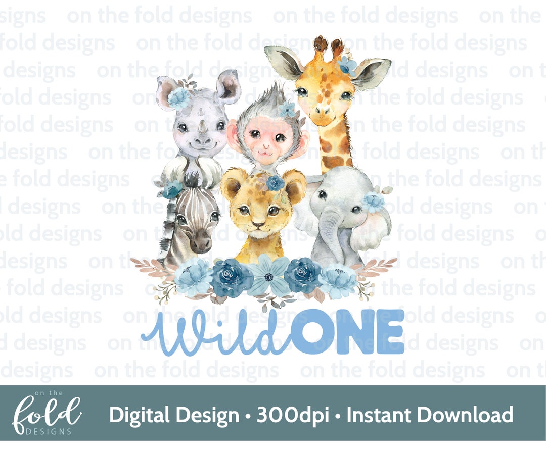 Wild One Safari Animals PNG, Blue Flowers, 1st Birthday (digital ...