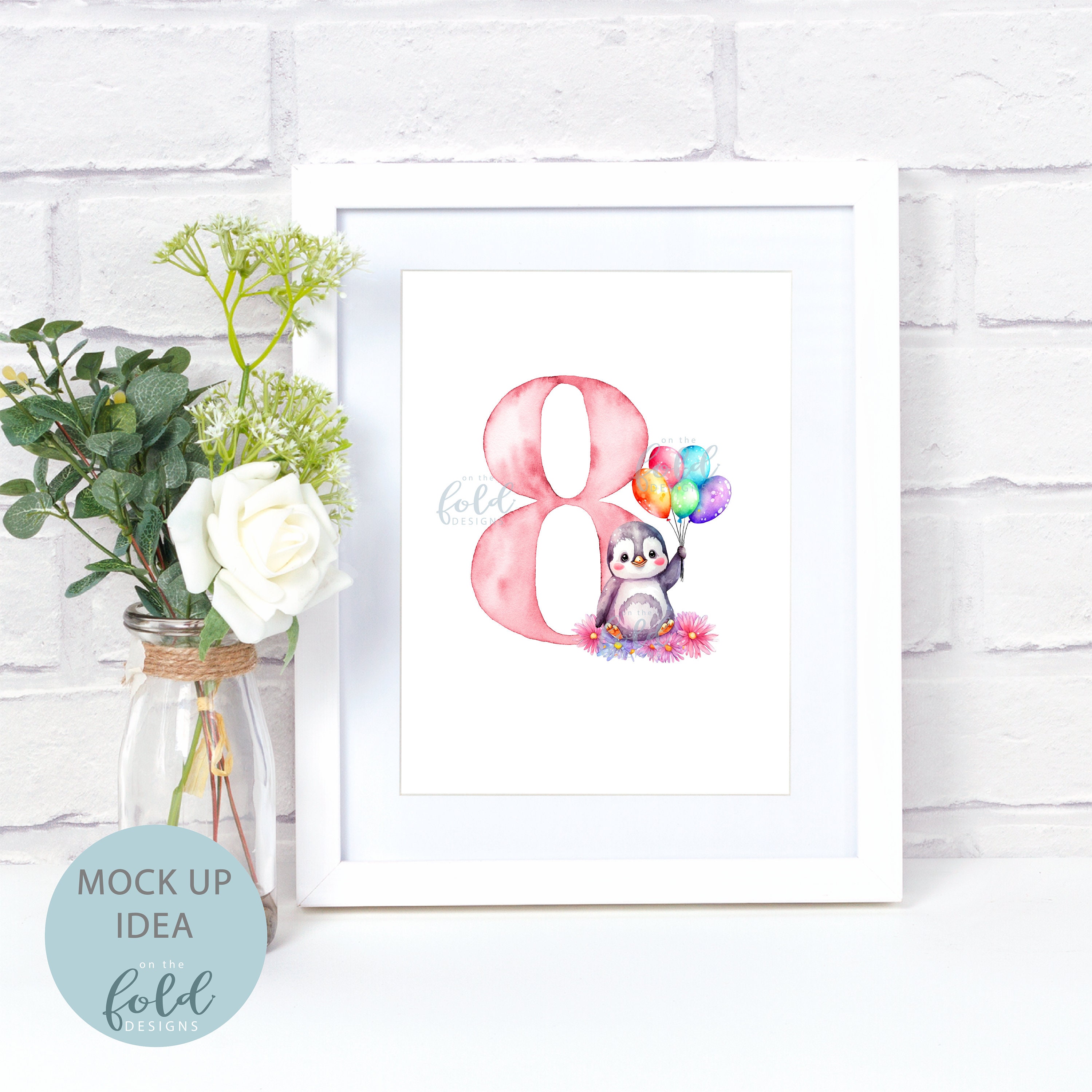 Penguin Number Eighth 8th Birthday Design, Flowers and Balloons. PNG ...