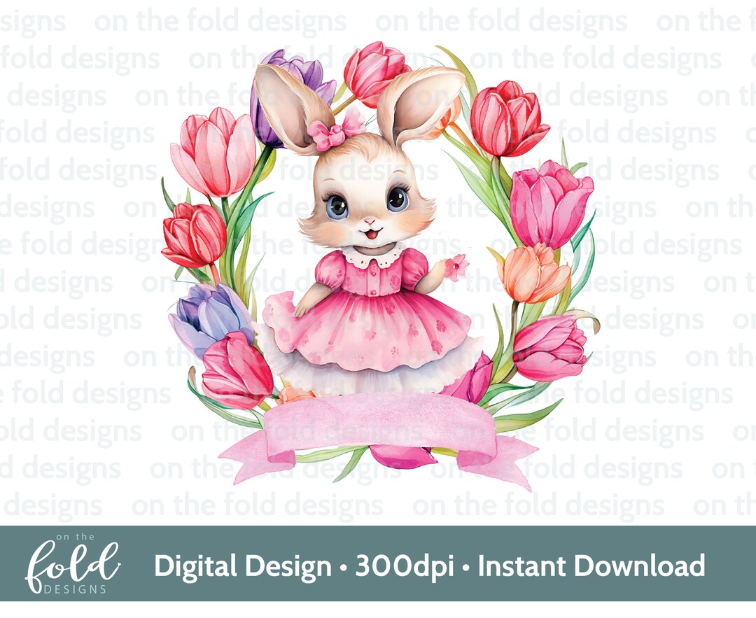Bunny Rabbit Easter Pink Watercolour PNG Tulip Flower Easter Digital ...