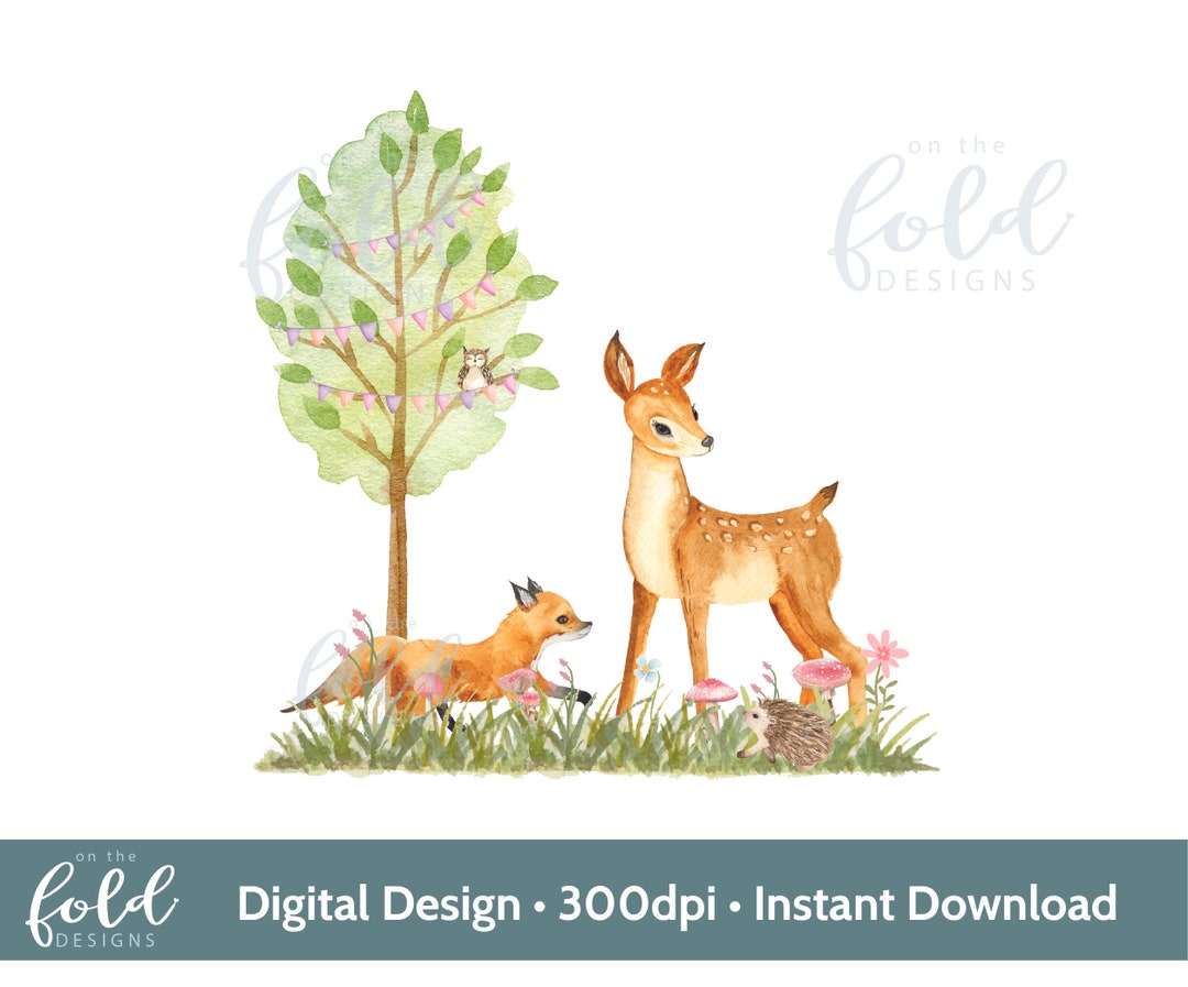 Woodland, Forest, Animal Design, Deer, Owl, Fox Floral Composition ...