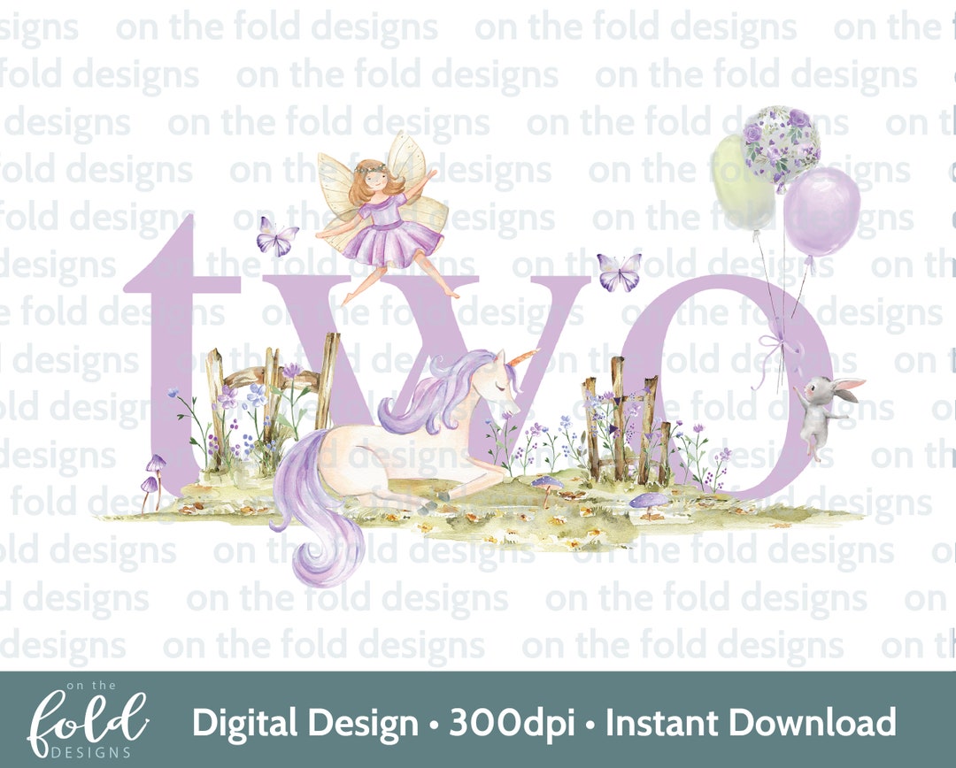 Fairy and Unicorn Clipart 2nd Birthday Number Two Magical Watercolor ...