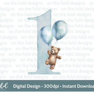 Teddy Bear, Number 1, Balloons, 1st Birthday, Clipart, Sublimation. PNG ...