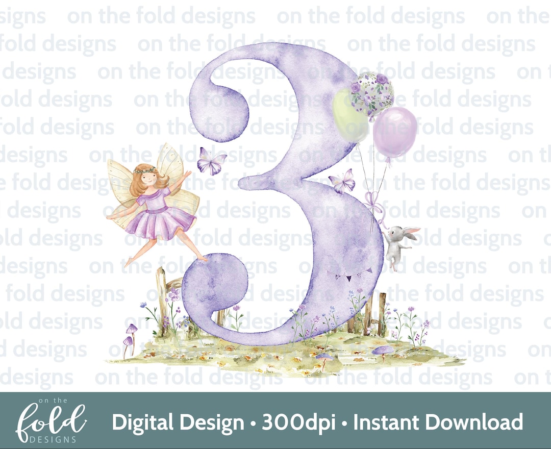 Fairy 3rd Birthday Clipart Magical Purple Number Three, Watercolor ...