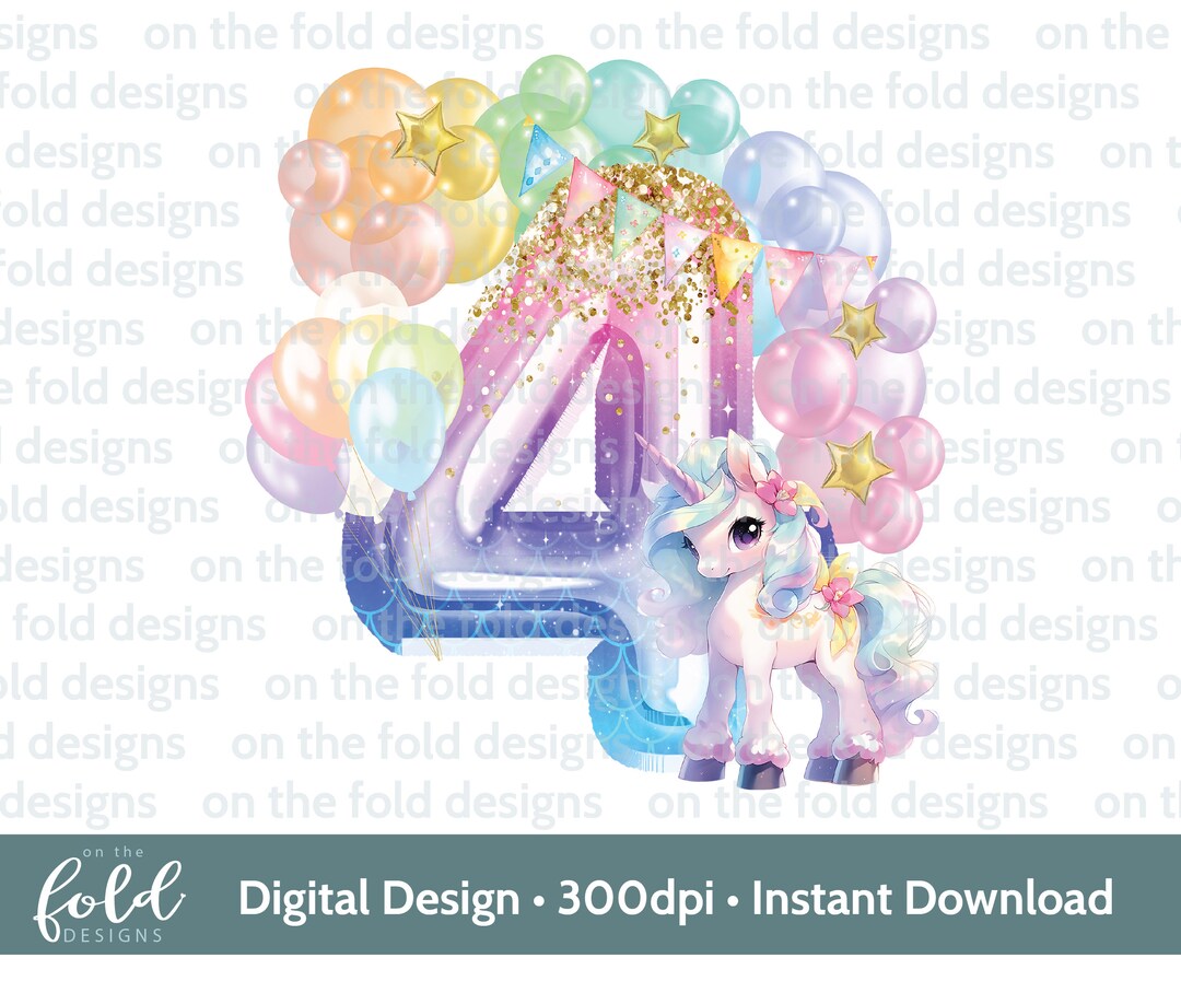 Unicorn Balloon 4th Birthday Number Four Watercolor Clipart Fourth PNG ...