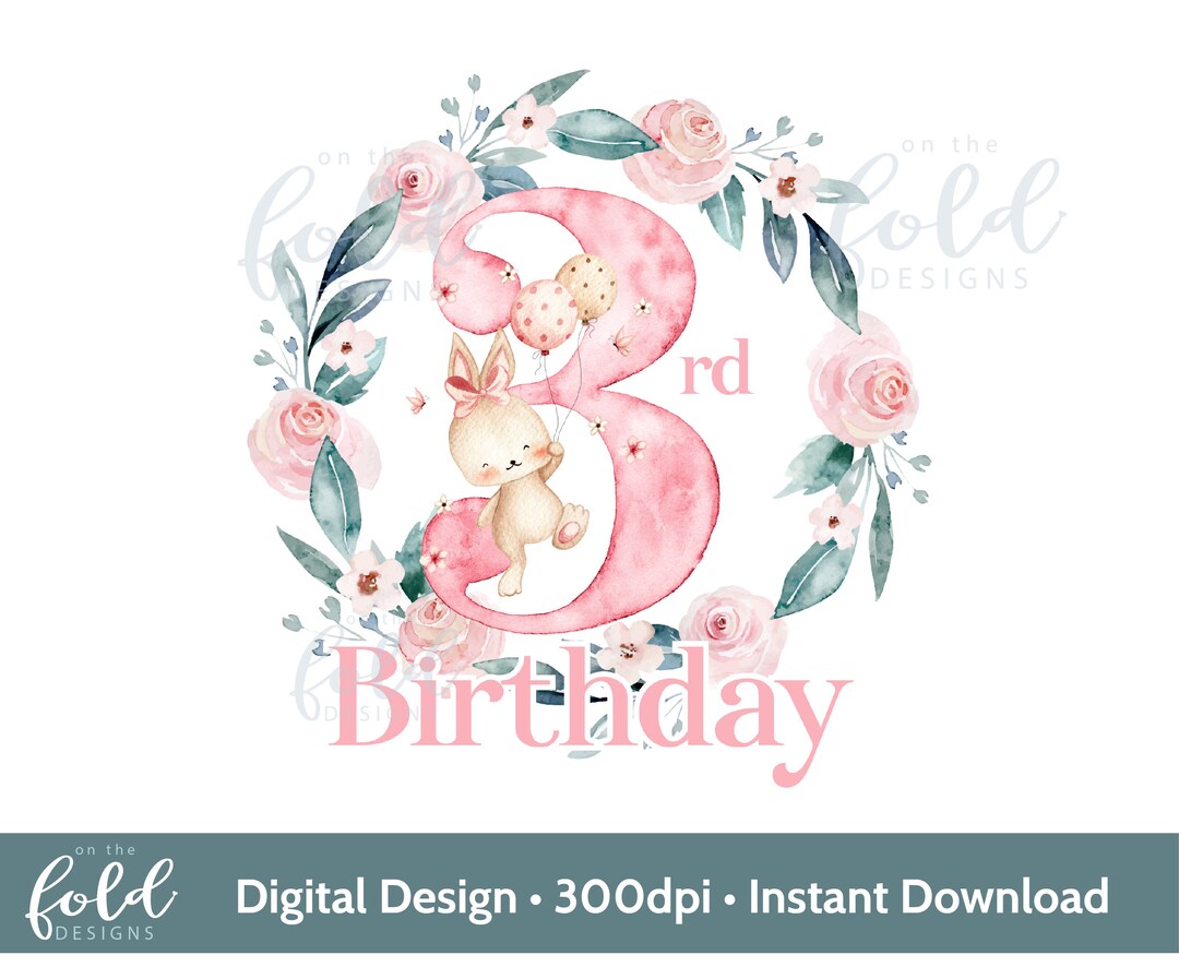 Pink Flower 3rd Birthday Wreath Sublimation Design PNG Instantdigital ...