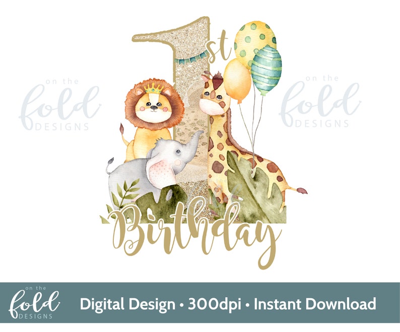 Safari 1st Birthday Number One Png With Animal Leaf and Glitter Number ...