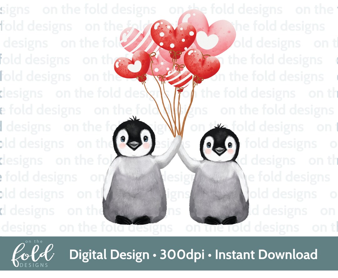 Penguin Valentine Heart Balloons PNG Watercolor Digital Clipart ...