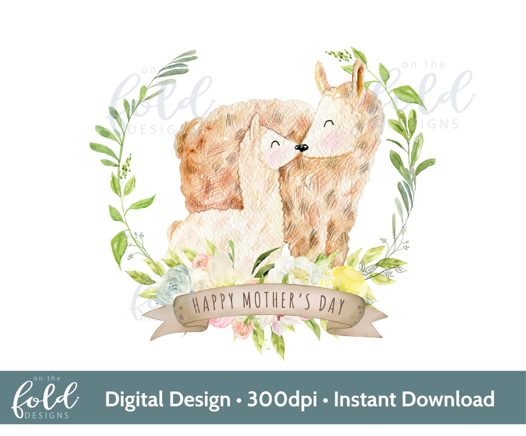 Mother's Day Llama Mum & Baby Floral Wreath Transparent Clipart Instant ...