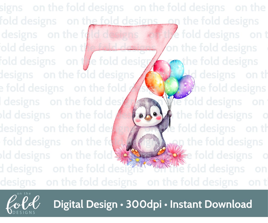 Penguin Number Seven 7th Birthday Design, Flowers and Balloons. PNG ...