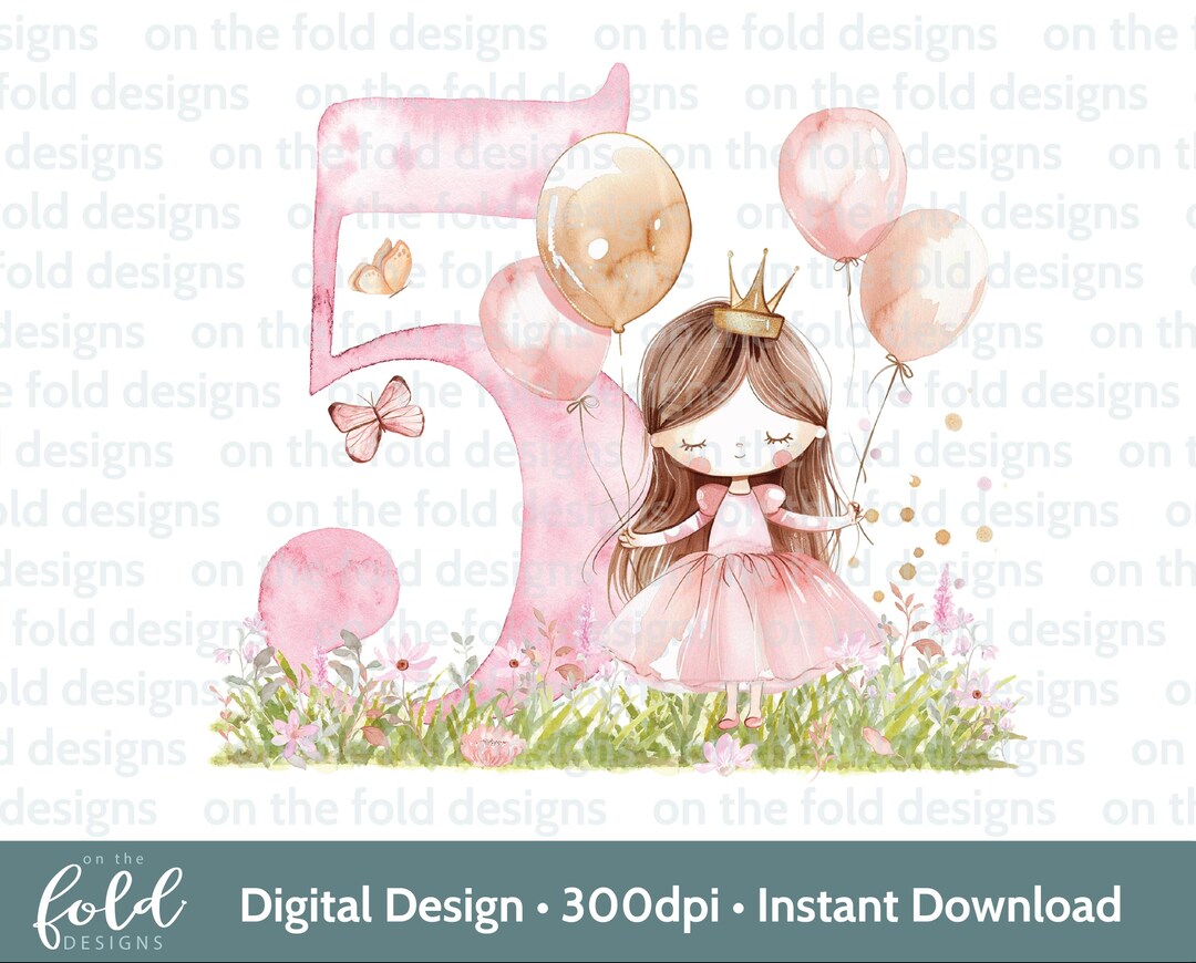 Princess 5th Birthday Clipart PNG Pink Balloons Fairy Iron on ...
