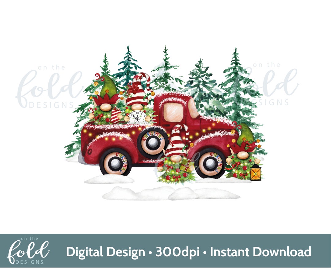 Scandi Gnomes With Red Truck and Christmas Trees, PNG, Instant Digital ...