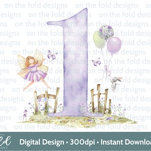 Fairy 1st Birthday Clipart Magical Purple Number One Watercolor Clipart ...