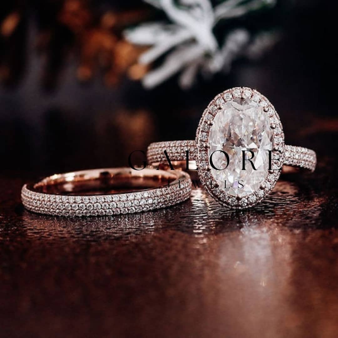 Halo Bridal Ring Set, Eternity Wedding Ring Set, Rose Gold Plated Ring ...