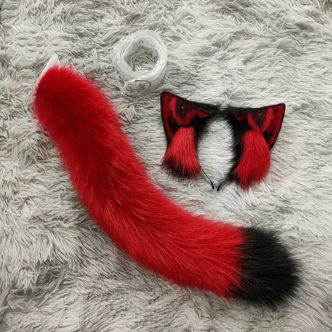 Hand-made Cospaly Simulation Beast Ears,red and Black Kitten Tail ...