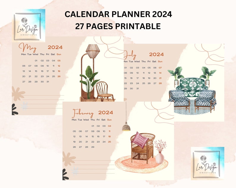 2024 Printable Calendar, Printable Calendar, Watercolor Calendar, Boho ...