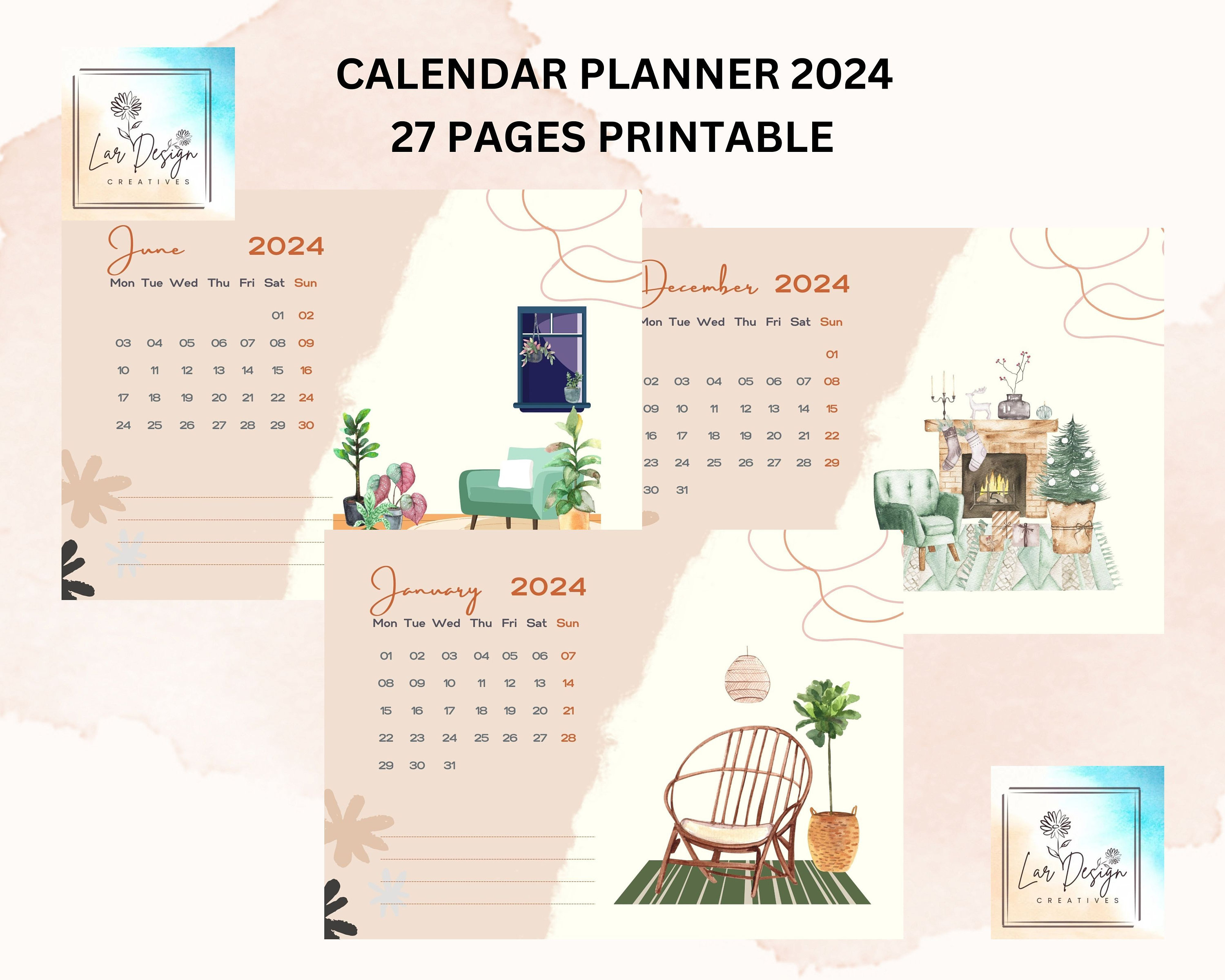 2024 Printable Calendar, Printable Calendar, Watercolor Calendar, Boho ...