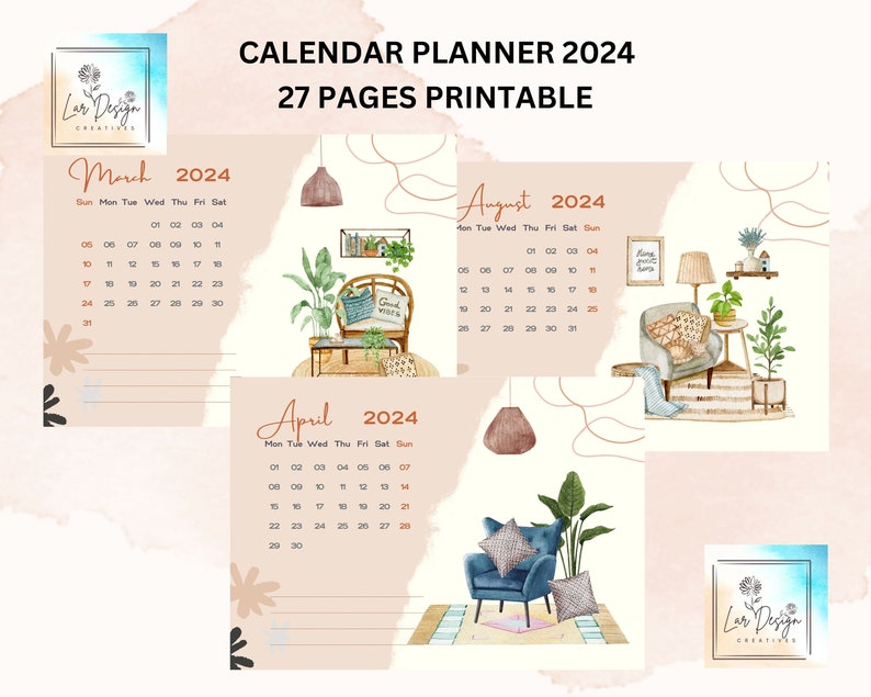 2024 Printable Calendar, Printable Calendar, Watercolor Calendar, Boho ...