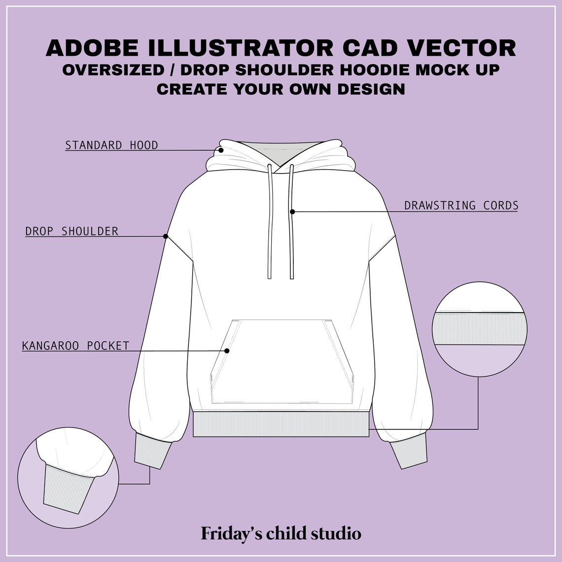 Oversized Drop Shoulder Hoodie SVG CAD Vector Flat Sketch for Adobe ...