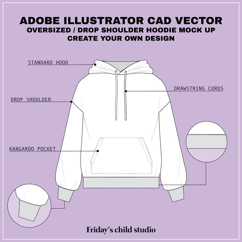 Oversized Drop Shoulder Hoodie SVG CAD Vector Flat Sketch for Adobe ...
