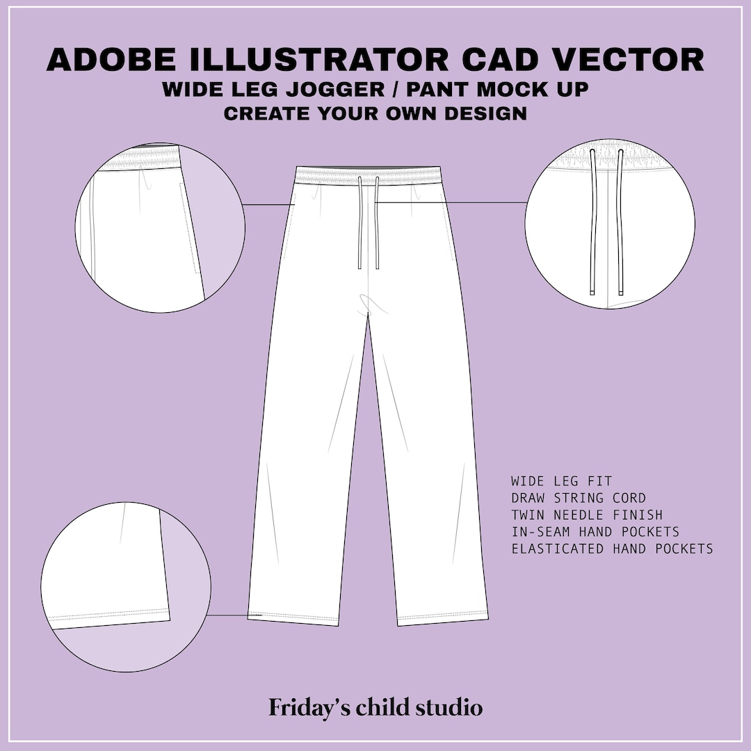 Wide Leg Joggers / Pants - SVG - CAD Vector Flat Sketch for Adobe ...