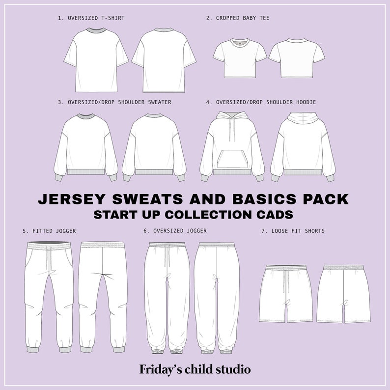 Jersey Sweats and Basics Range Plan Pack SVG Vector CAD / Flat Sketch ...