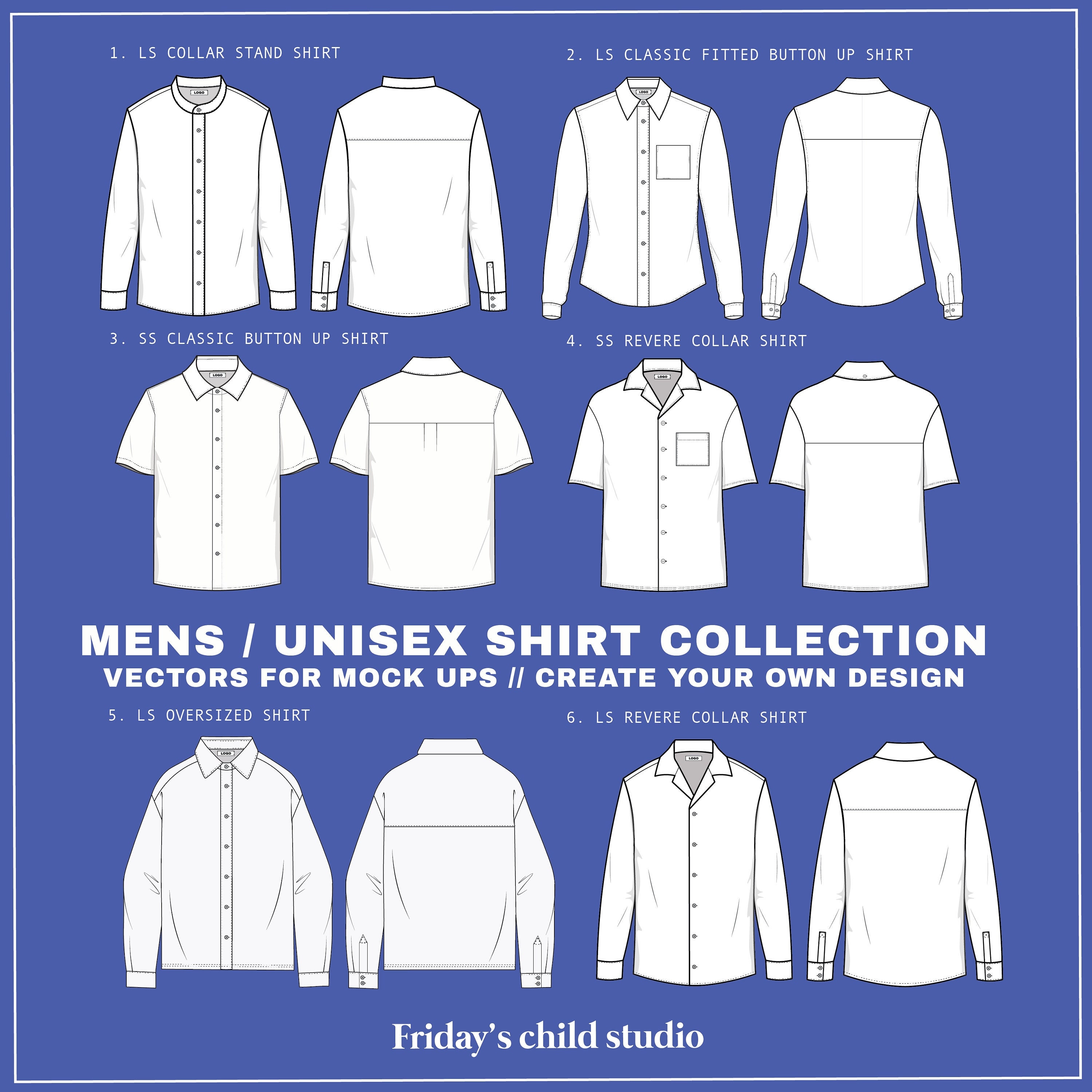 Men / Unisex Shirt Pack - SVG - Vector CAD / Flat Sketch - Technical ...