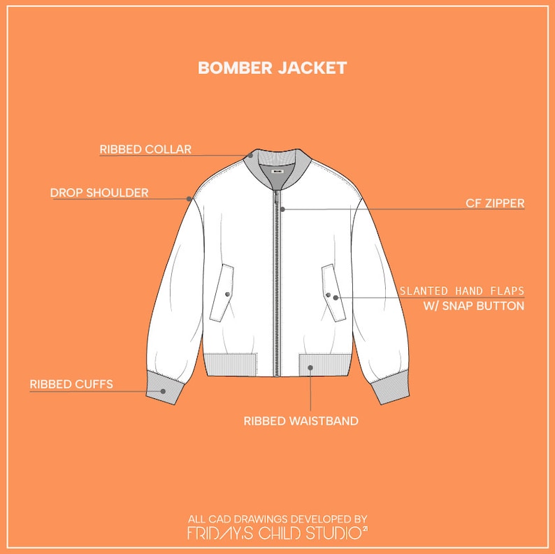 Down Bomber Jacket - SVG - CAD Vector Flat Sketch for Adobe Illustrator ...