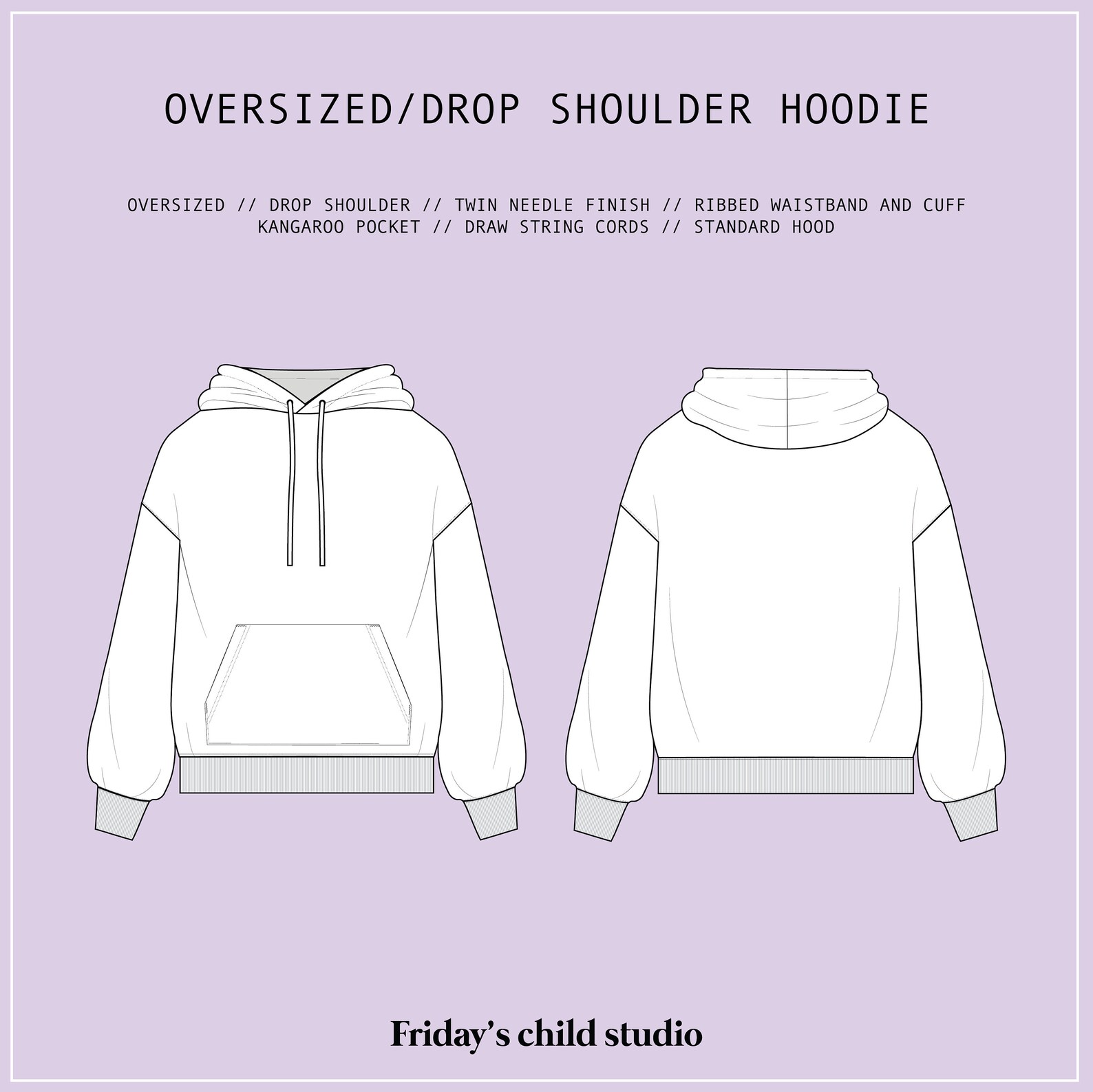 Oversized Drop Shoulder Hoodie SVG CAD Vector Flat Sketch for Adobe ...