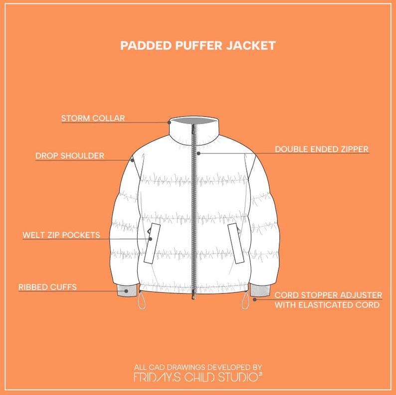Padded Puffer Jacker SVG CAD Vector Flat Sketch for Adobe - Etsy