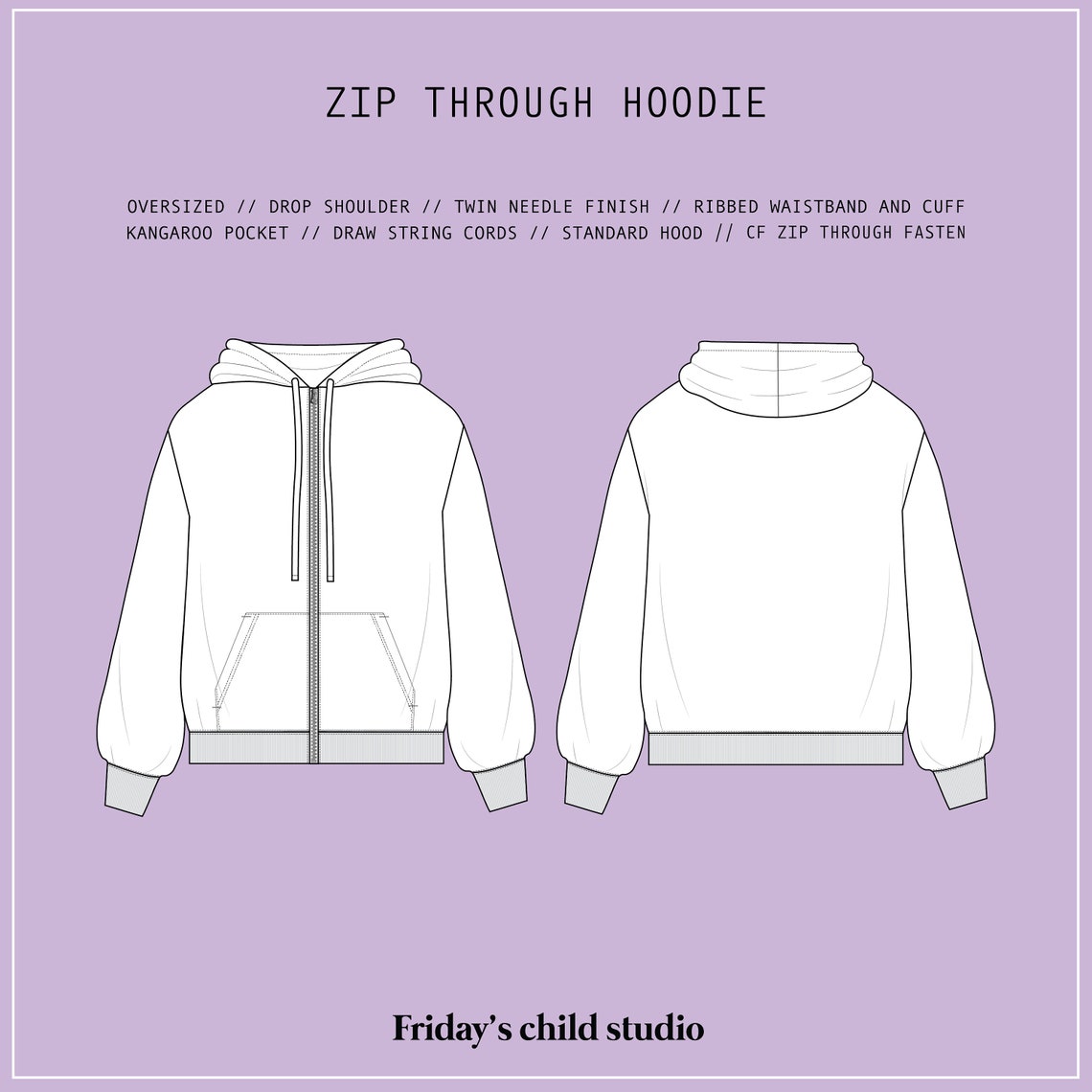 Zip Through Hoodie - SVG - CAD Vector Flat Sketch for Adobe Illustrator ...