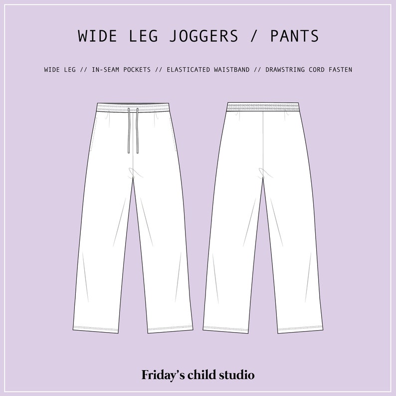 Wide Leg Joggers / Pants - SVG - CAD Vector Flat Sketch for Adobe ...