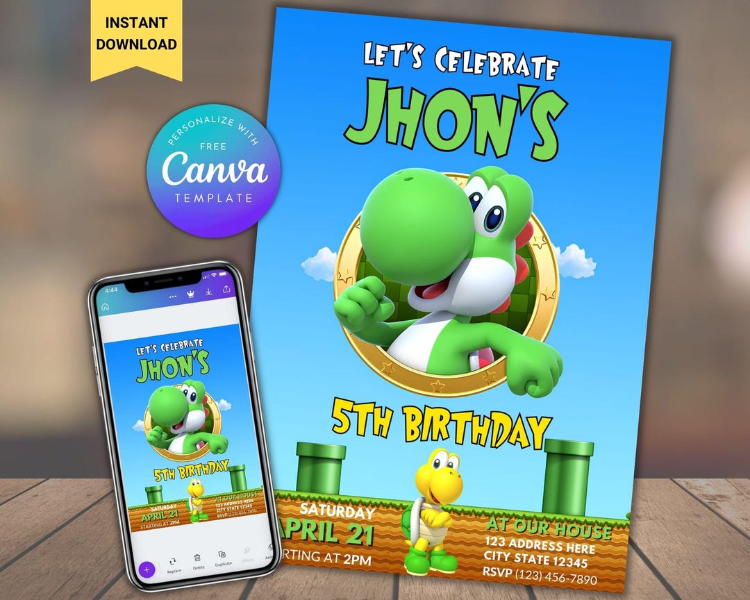 Editable Yoshi Birthday Party Invitation for Girls Yoshi Mario Digital ...