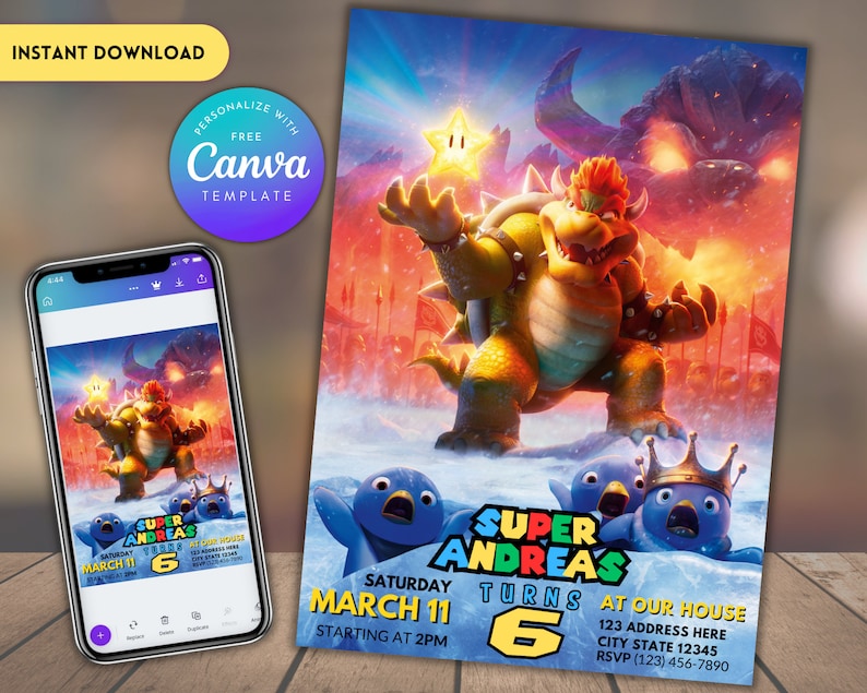 Editable Bowser Birthday Party Invitation Template Bowser Birthday ...