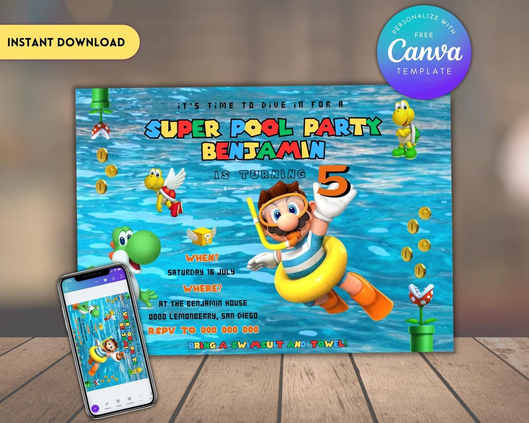 Super Mario Birthday Pool Party Invitation: Editable Canva Template ...