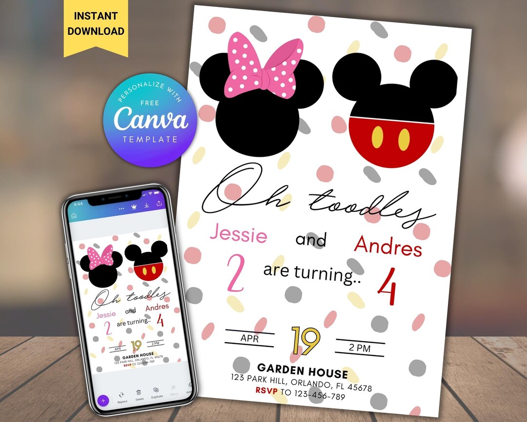 Editable Mickey and Minnie Siblings Birthday Party Invitation, Dual ...