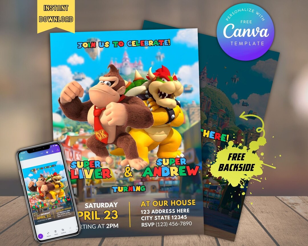 Editable Kong and Bowser Siblings Invitation Birthday Party ...
