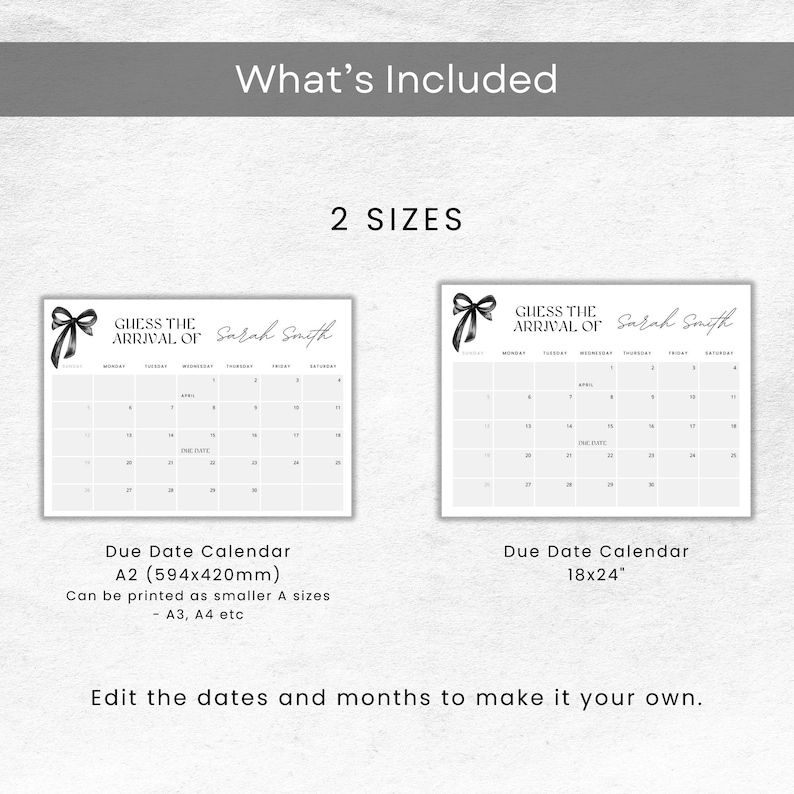 Black Bow Baby Shower Due Date Calendar, Guess the Baby Arrival Game ...
