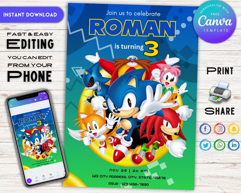 Sonic Birthday Party Invitation, Editable Kids Bday Party Digital ...