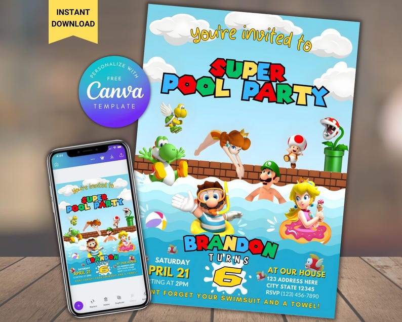 Super Mario Pool Party Invitation: Editable Birthday Template (digital ...