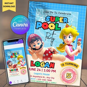 Editable Super Mario Birthday Pool Party Invitation Mario Digital ...