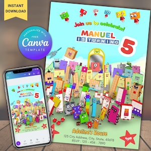Editable Numberblocks Birthday Invitation Template, Cartoon Birthday ...