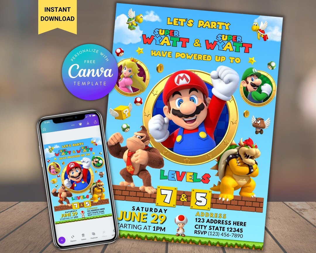 Editable Super Mario Sibling Birthday Invitation Mario Joint Party ...