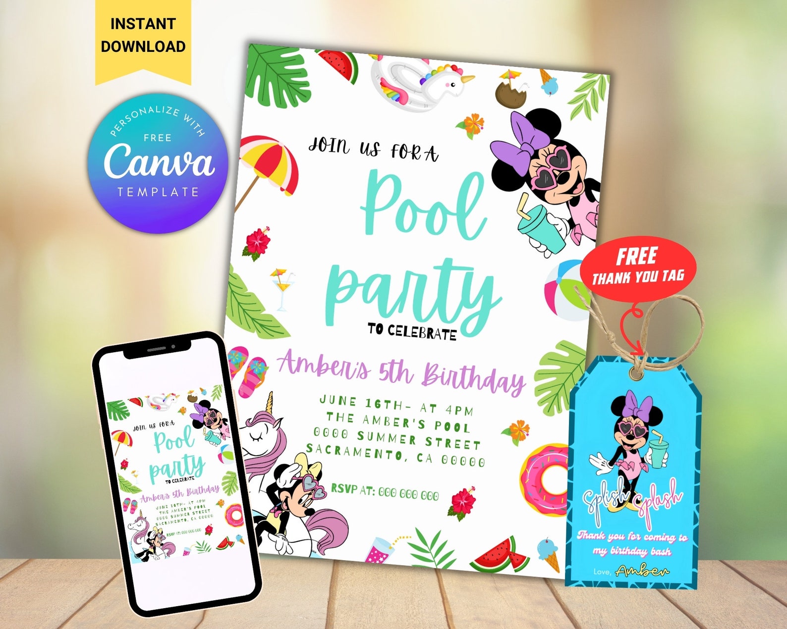 Editable Minnie Pool Party Birthday Invitation Canva Template With a ...