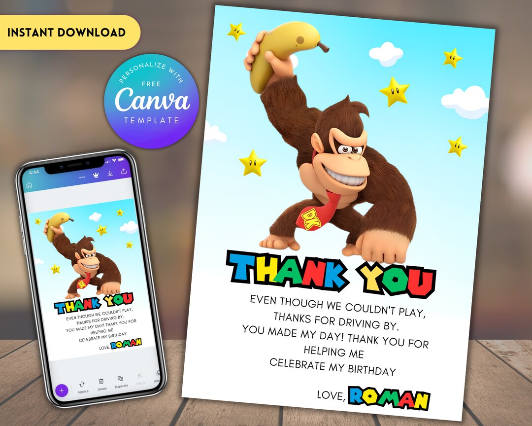 Editable Donkey Kong Thank You Card: Kong Birthday Party (digital ...