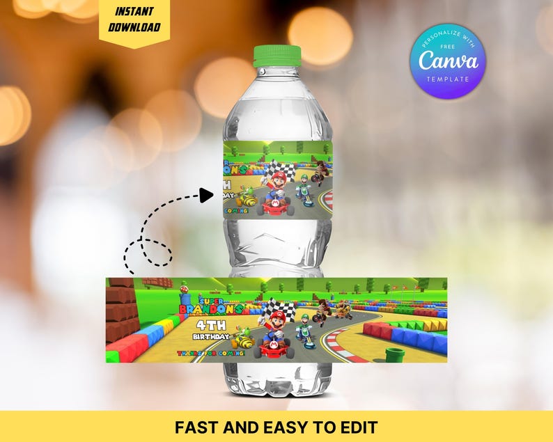 Editable Super Mario Kart Water Bottle Labels Birthday Party Canva ...