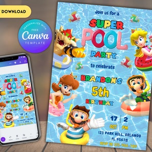 Super Mario Birthday Invitation, Birthday Invitation, Mario Waterslide Invitation, Editable ...