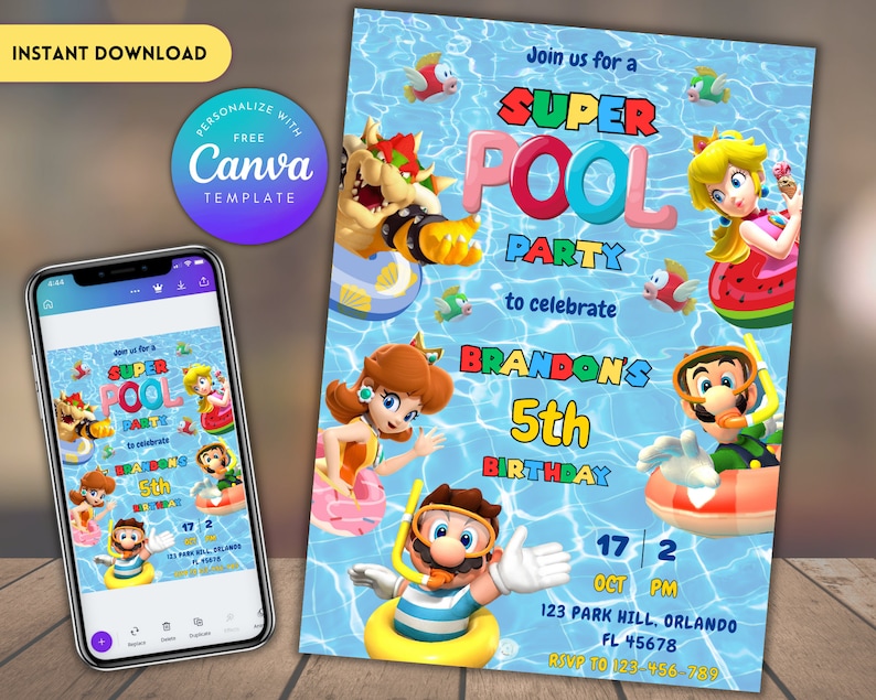 Super Mario Pool Party Invitation: Editable Birthday Template (digital ...