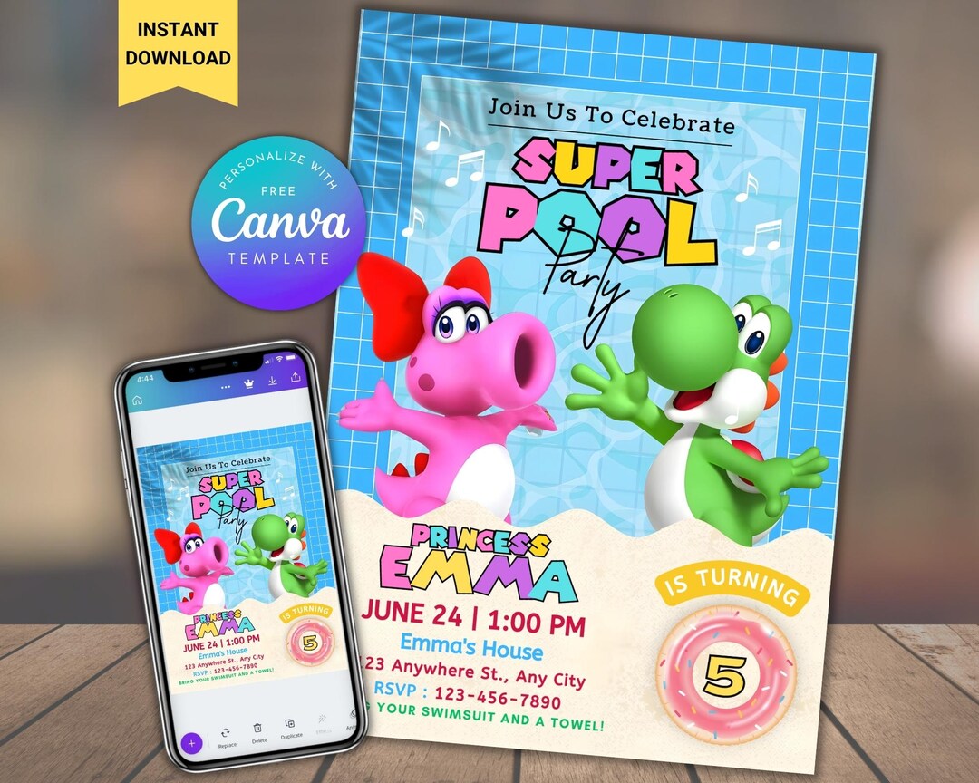 Editable Yoshi and Birdo Siblings Pool Party Birthday Invitation Joint ...