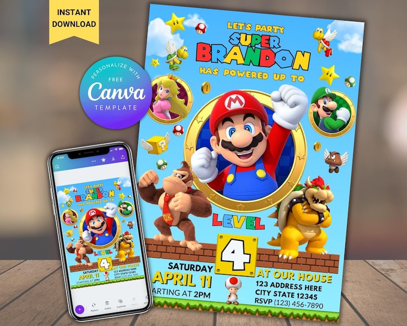 Editable Super Mario Birthday Invitation: Canva Template (digital ...