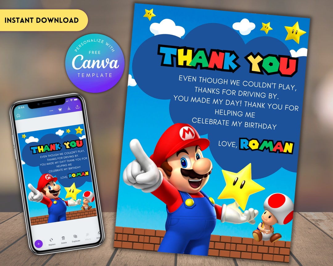 Super Mario Thank You Card / Mario Party Card / Mario Favor Card ...